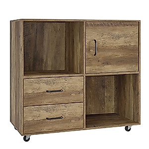 Graciia Wood Mobile File Cabinet, Lateral File Cabinet with 2 Drawers, Printer Stand with Storage Door and Shelves, Large Mobile Filing Cabinet for Home Office, Rustic Brown