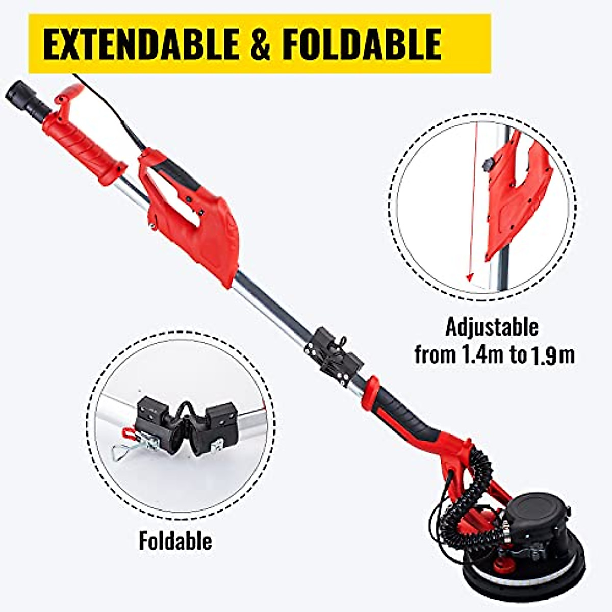 Mophorn Drywall Sander 850W, Electric Drywall Sander, Variable Speed 800-1750 RPM, Foldable Sheetrock Sander, with Telescope Handle, Electric Sander, with LED Strip Light and Vacuum Bag, Wall Sander