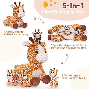 Muiteiur 5 in 1 Big Giraffe Stuffed Animals Set, 22 inch Large Mommy Stuffed Giraffe Plush with 4 Cute Small Giraffe Babies Toy, Soft Giraffe Plush Pillow for Boys Girls