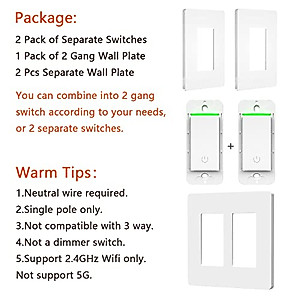 Smart Switch Smart Life Switch 2 Gang 2.4Ghz WiFi Smart Light Switch Compatible with Alexa and Google Assistant Touch Vibration Needs Neutral Wire