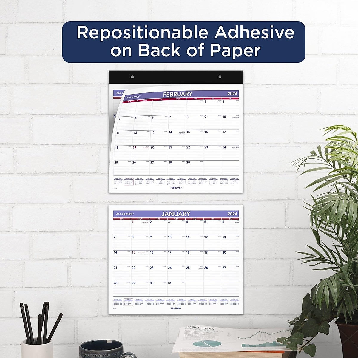 2024 AT-A-GLANCE® Repositionable Horizontal Wall Calendar With Adhesive Backing, 15" x 12", January To December 2024, PM15RP28
