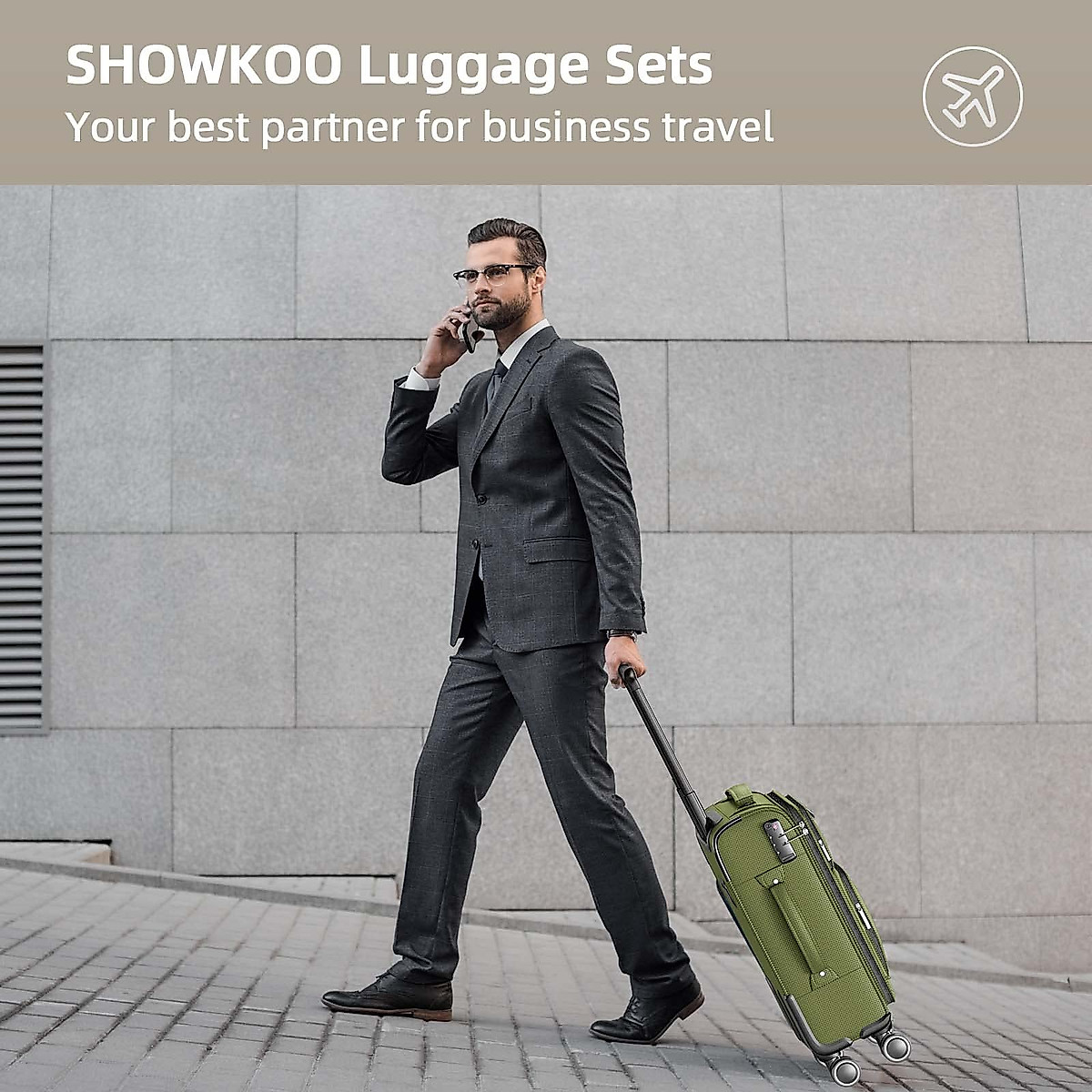 SHOWKOO Luggage Sets 3 Piece Softside Expandable Lightweight Durable Suitcase Sets Double Spinner Wheels TSA Lock Olive Green (20in/24in/28in)