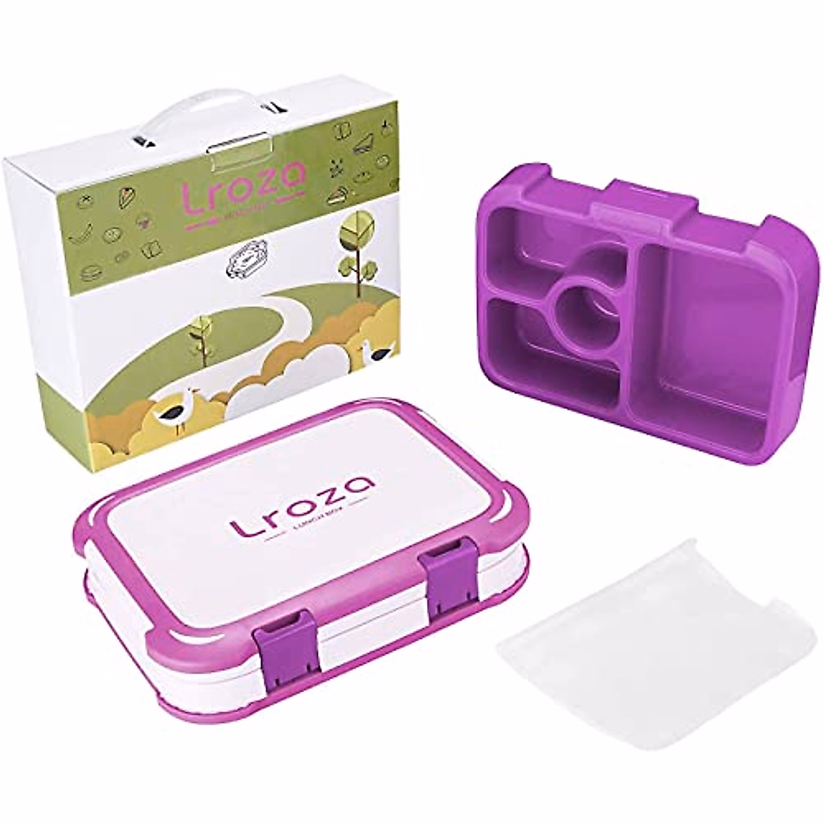LROZA Leakproof Kids Lunch Box | 4-Compartment Bento Box for Kids | BPA-Free | School Lunch Container for Boys Girls | Children Travel On-the-Go Meal and Snack Packing Containers (PURPLE)
