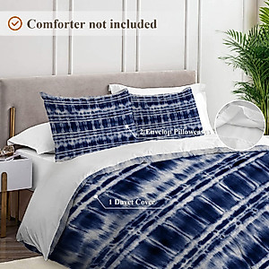 Shrahala Blue Tie Dye Duvet Cover Set Twin Size, Shibori Striped Navy Indigo Abstract Folk 3 Pieces Soft Brushed Duvet Covers with Button Closure, 100% Cotton (No Comforter)
