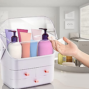 Elavain Cosmetics Organizer Countertop Makeup Holder, Plastic Caddy Skincare Organizers and Storage, Bathroom Shelf Organizer w/ Portable Handle, Lid made of Waterproof & Dustproof Acrylic Fully Open