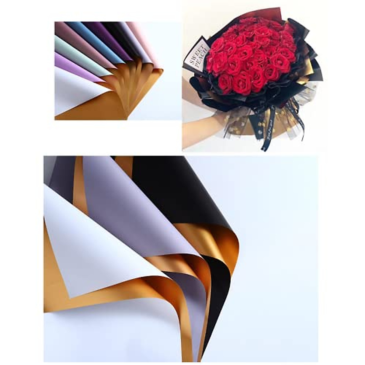 XICHEN 20 Sheets Florist Bouquet Supplies,DIY Crafts,Gift Packaging or Gift Box Packaging, Pearl film and Flow golden two-color Double sided flowers wrapping paper 22.8 * 22.8Inch (Black & Gold)