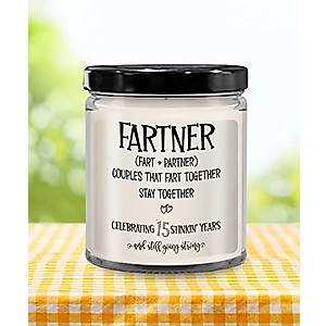 The Improper Mug Fartner 15 Years Anniversary Candle for Husband from Wife Couples Funny Fifteen Yr Together 15th Wedding Fart Jokes 9 Oz. Vanilla Scented Soy Wax for