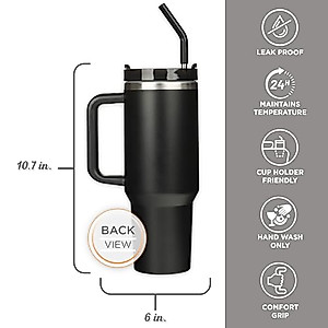 Christian Art Gifts Extra Large Stainless Steel Double Wall Vacuum Insulated Travel Tumbler for Men & Women: Be Strong Scripture, Silver Laser Engraved Lion, Lid, Straw, Wide Handle, Black, 40 oz.