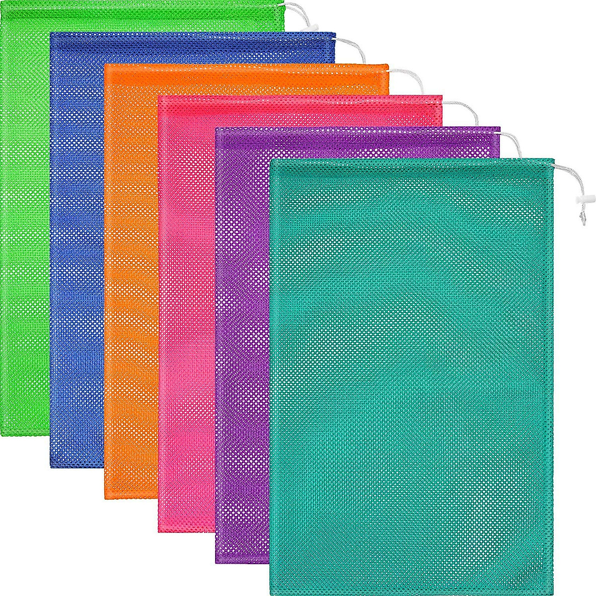 Frienda 6 Pieces Mesh Stuff Sack, 12 x 18 Inch Durable Nylon Mesh Drawstring Laundry Bag for Rinsing Beach Toys, Seashell Collecting, Mesh Bags and Travel (Multicolor)