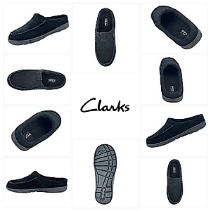 Clarks Men's Open Back Suede Sherpa Lined Clog Slippers, JMH2062 - Indoor/Outdoor Slip-Ons - Comfy & Durable Slides with Soft Plush Lining Cushioned Footbed & Gripped Rubber Outsoles (11 M US,Black)