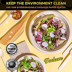 Beeleeve [50-Pack / 9-Inch 100% Compostable Disposable Round Bagasse Paper Plates - Biodegradable Sugarcane Fibre - Strong Heavy Duty Rigid Design - Sustainable & Food-Grade - Natural Brown Colour