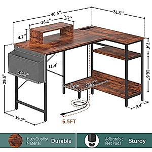 Yoobure L Shaped Desk with Storage Shelves 47 Inch Computer Desk with Outlets & USB Ports Home Office Desk with Monitor Stand Corner Desk for Small Space Study Table Small Desk L Desk with Storage Bag