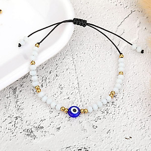 SUMMER LOVE Dainty Hand Made Evil Eye Bracelets Adjustable String Amulet for Women Men (White+gold)