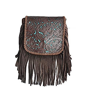 western floral tooled 100% leather fringe cross body purse (brown) Small