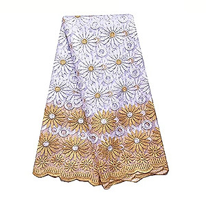 WorthSJLH French Lace Fabric 5 Yards White Gold Nigerian African Lace Fabric Materials Polyester Weddings Embroidered Lace Fabric Swiss Lace for Women Dress SJ002