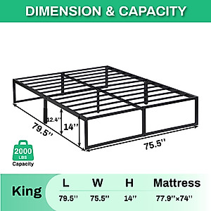D&H FURNIMMT 14" High King Size Platform Bed Frame,No Box Spring Needed,Easy Assembly,Heavy Duty,King Bed Frame with Storage Underbed,Black