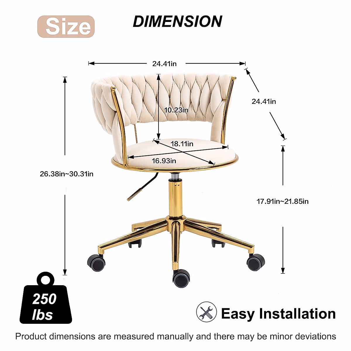Goujxcy Velvet Swivel Chair, Velvet Desk Chair with Gold Base, Cute Makeup Vanity Chair for Women Girls, Woven Back Adjustable Armchair Task Computer Chair for Home Office Bedroom Living Room, Beige