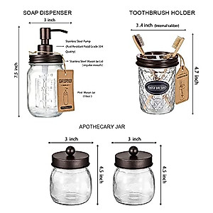 Amolliar 4pcs &4pcs Bronze Mason Jar Bathroom Accessories Set -2 Lotion Soap Dispenser & 2 Cotton Swab Holder(Wide Mouth)& 2 Qtip Holder (Regular Mouth) & 2 Toothbrush Holder-Rustic Farmhouse Decor