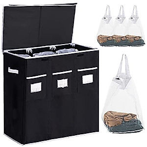 TECHMILLY 3 Section Large Laundry Basket, 140L Laundry Hamper with Lid，Waterproof Durable Clothes Hamper with 4 Removable Bags and 3 labels for Bathroom, Bedroom, Dorm, (Black)