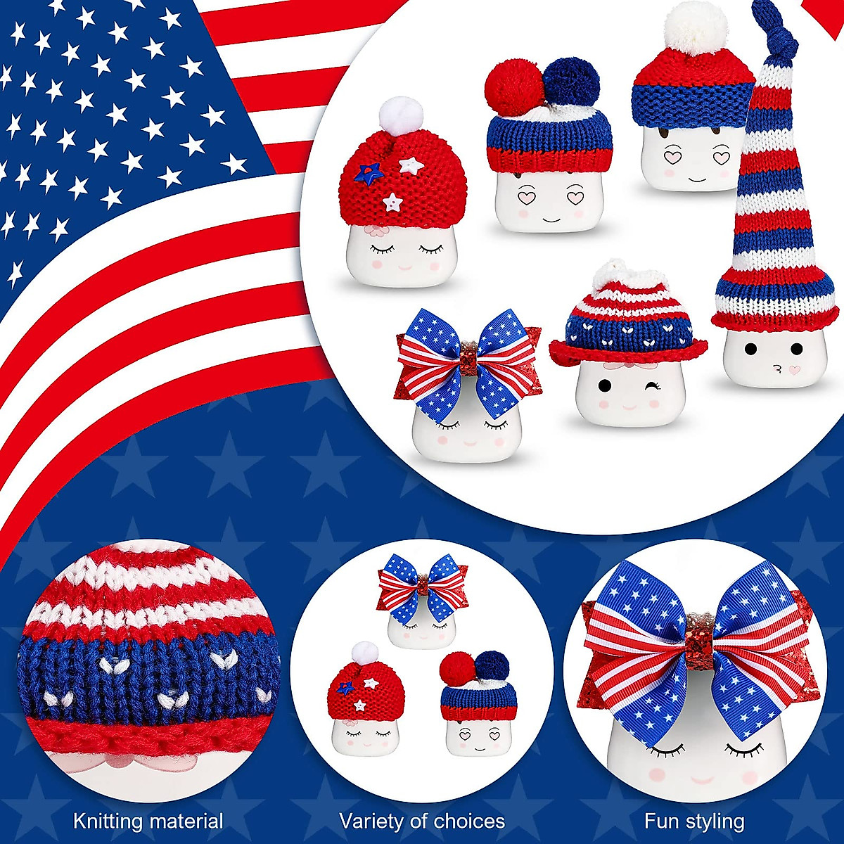 6 Pieces 4th of July Marshmallow Mug Hat Crochet Independence Day Mug Topper Hat Knitted Cup Head Mug Set Mini Marshmallow Mug Topper Decorative Mug Hat Cover for Coffee Mug Tiered Tray Decor