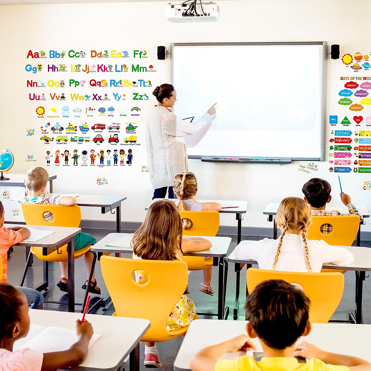 Alphabet Numbers Wall Decals 12 Sheets Color Weather Learning Educational Wall Stickers Peel and Stick Solar System Shape Wall Decals for Kids Toddlers Classroom Playroom Bedroom Wall Decorations