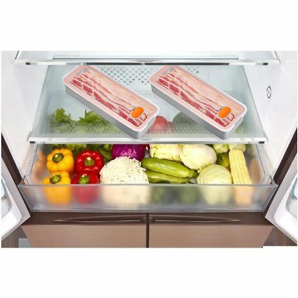 JUXYES Bacon Storage Container for Refrigerator, Stainless Steel Bacon Storage Box for Fridge with Transparent Lid, Airtight Bacon Storage Keeper, Deli Meat Saver Cuts Food Storage Organizer