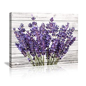 Modern Artwork Purple Lavender Wall Decor Canvas Wall Art Retro Paintings Style Purple Lavender Flowers Picture on White Vintage Wood Background Rural for Living Room Bedroom Bathroom Decoration