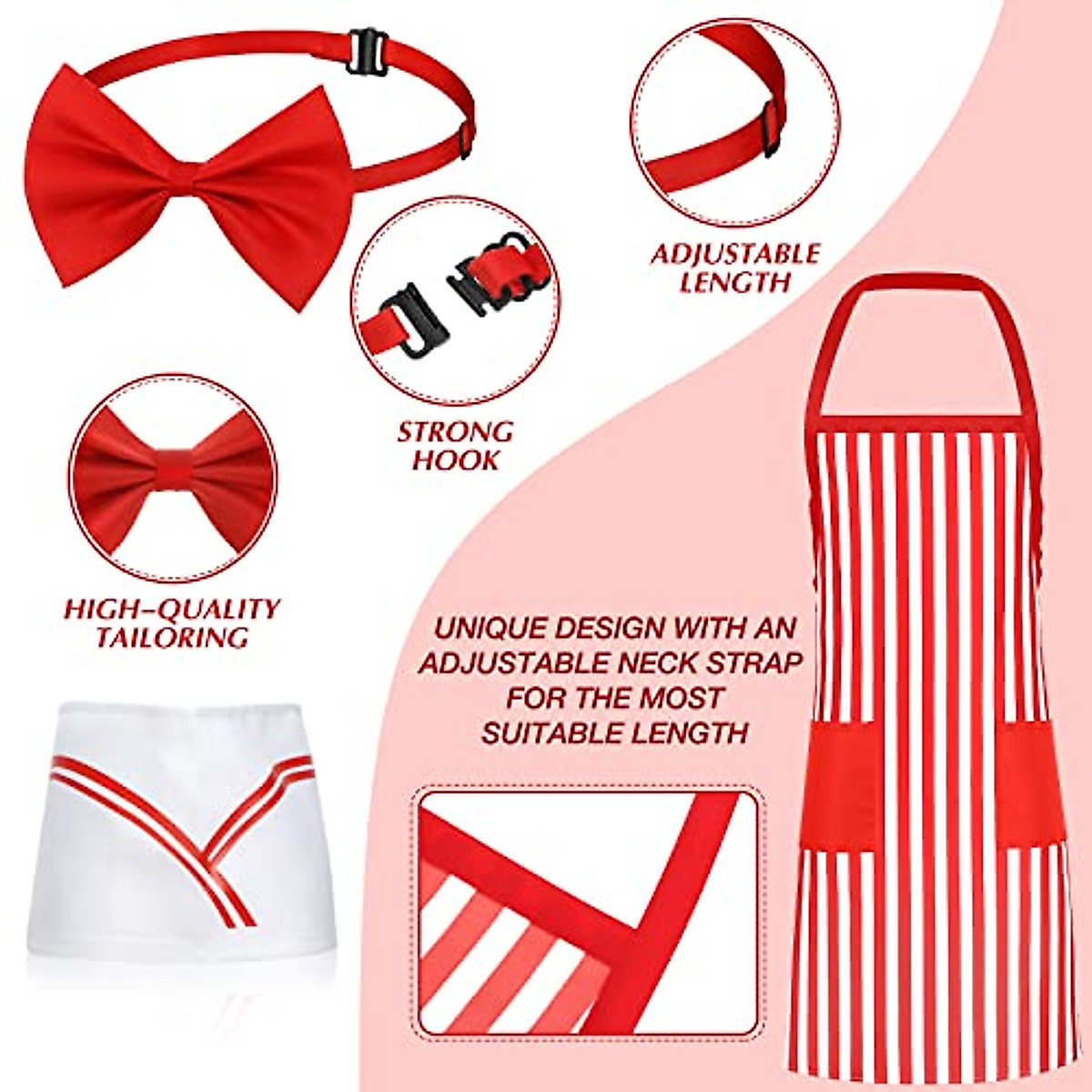 3 Pcs Kid Waiter Costume Kit Car Costume Red and White Striped Apron for Kids Adjustable Bib Aprons with 2 Pockets Soda Jerk Chef Hat Adjustable Red Bow Ties for Kids 1950s Dinner Cosplay Dress Party