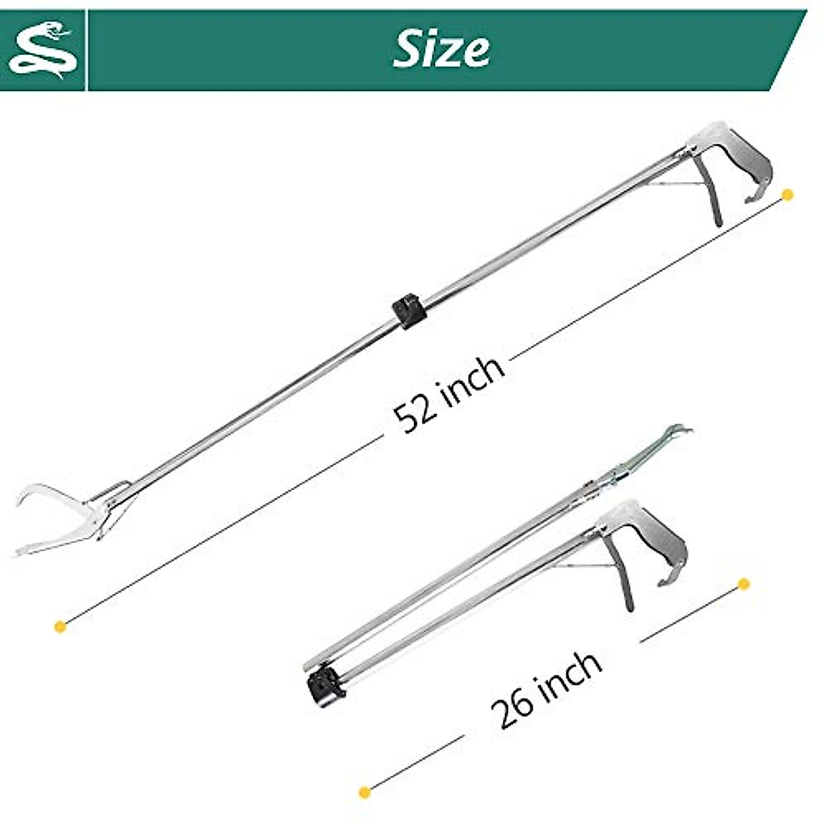 IC ICLOVER Snake Tong 52’’ Heavy Duty Professional Foldable Stainless Steel Snake Catcher Tools Reptile Grabber with Spring, Serrated Jaw, Self Lock Design-Perfect for Moving Rattle Snakes Reptiles