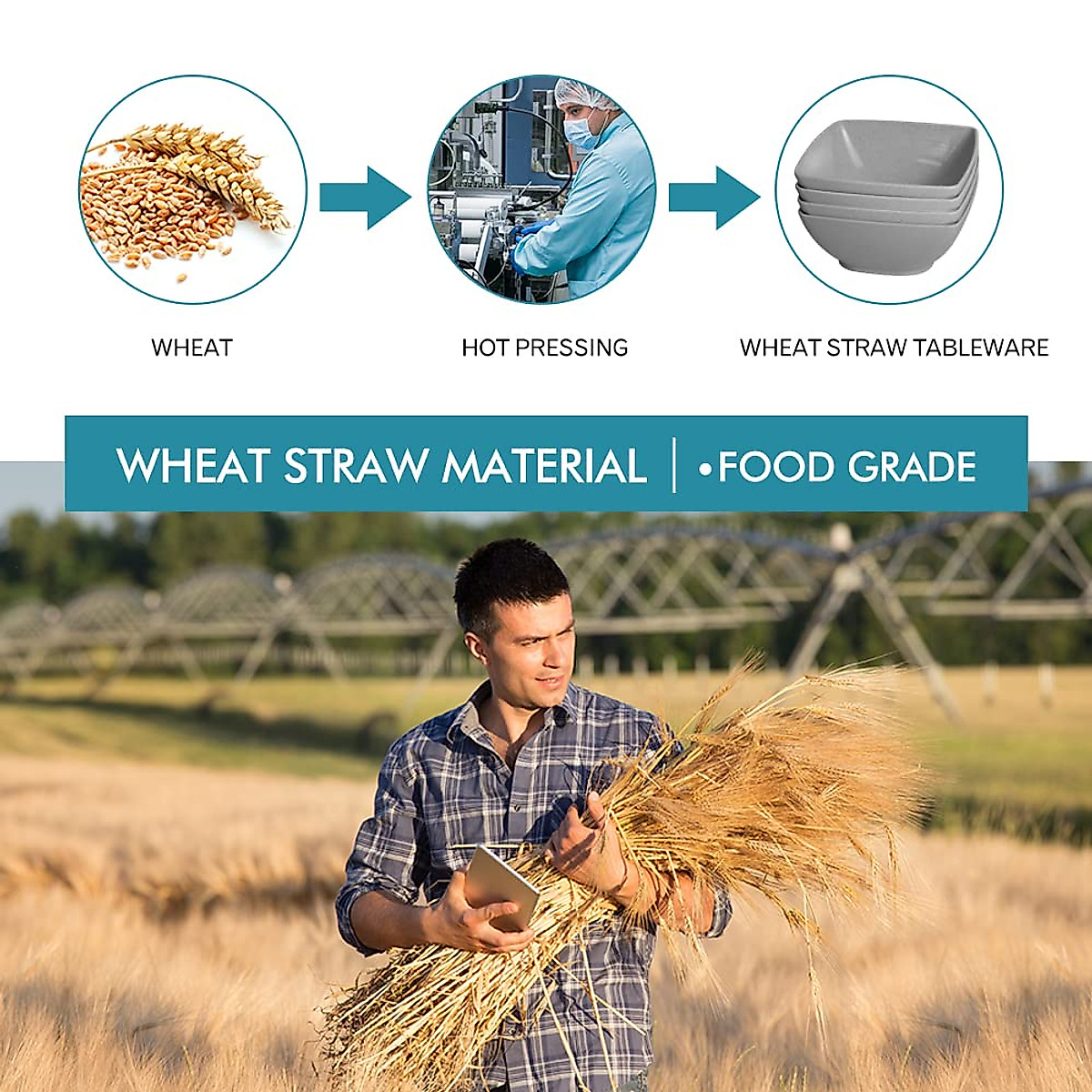 Teivio 32-piece Plastic Wheat Straw Square Dinnerware Set for 8, Unbreakable Dinner Plates, Salad Plates, Snack Bowls, Tumblers 20 oz, Dishwasher Safe, Grey