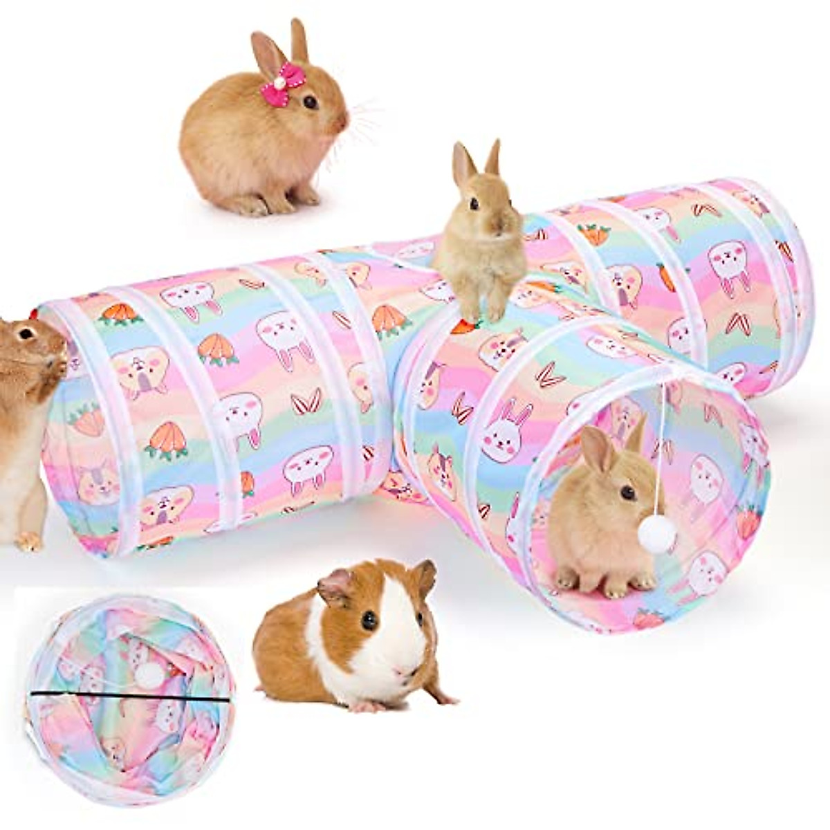 Bunny Tunnel 3 Way Rabbit Tunnel Collapsible Bunny Hideout Small Animal Activity Tunnel Toys for Rabbits Bunny Guinea Pigs Chinchilla Kitty
