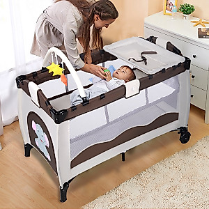 BABY JOY 3 in 1 Pack and Play, Portable Playard with Hanging Toys, 2 Lockable Wheels Diaper Changing Table, Foldable Travel Bassinet Bed (Coffee)