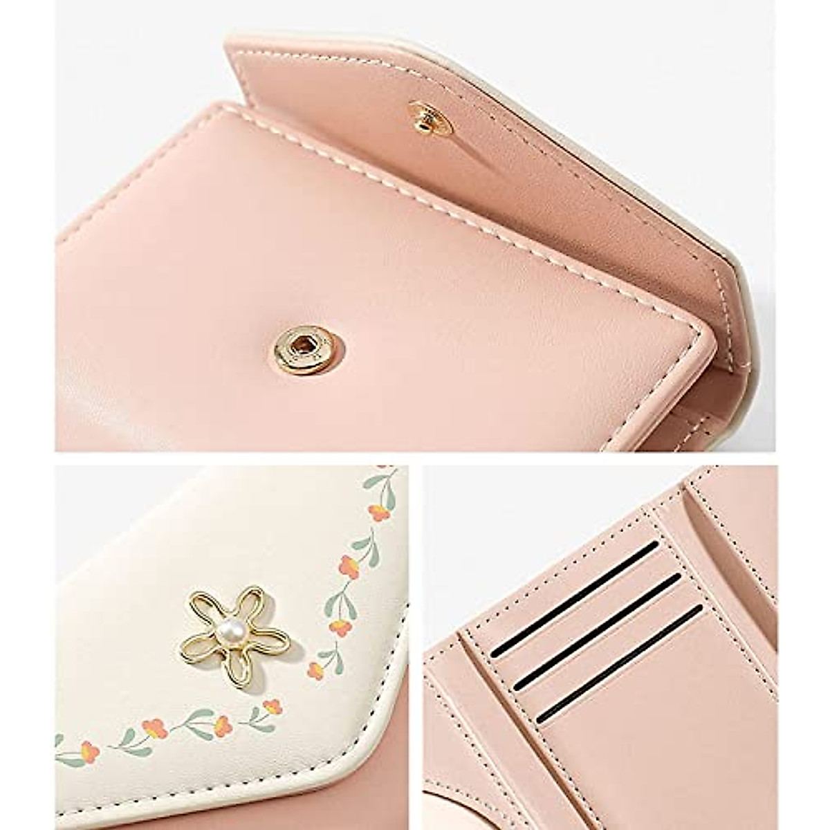 kuifang Girls Cute flowers Print Wallet, Small Tri-folded Aesthetic Wallet, PU Leather Purse Cash Pocket Card Holder ID Window Purse for Women(Pink)