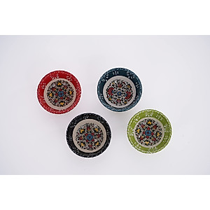 Silkroad Home Goodies Set of 4 Ceramic Sauce Dishes in Gift Box, Handprinted Turkish Pottery Mini Serving Plates
