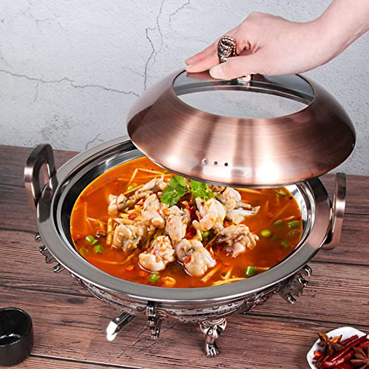 Round Chafing Dish Set for Wedding Banquets Party, Stainless Steel Chafer Buffet Server Warming Tray, with Food Pan, Frame, Lid and Fuel Holder,Red Copper,26cm