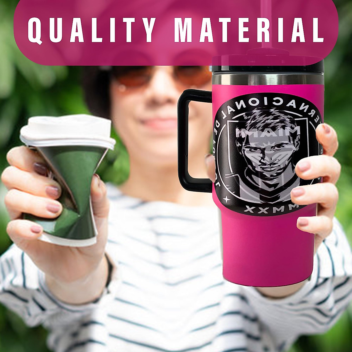 Tumbler With Lid & Straw - 40oz Insulated Tumbler with Messi Print, Modern Stainless Steel Travel Mug for Coffee & Water, Reusable & Leak Proof Cup for Hot & Cold Drinks, Cup Holder Friendly