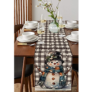 Christmas Snowman Table Runner 36 Inches Long Farmhouse Dress Scarves, Black and White Checkered Winter Snowflake Dining Tablerunner for Coffee Table/Kitchen Island/Party Décor, Small 13" x 36"