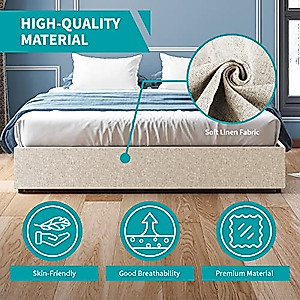 BALUS Full Size Bed Frame with Storage Drawers, Wood Slat Support Bed Frame, Linen Fabric Upholstered Platform Bed, Bed Frame with Large Storage Space Beige