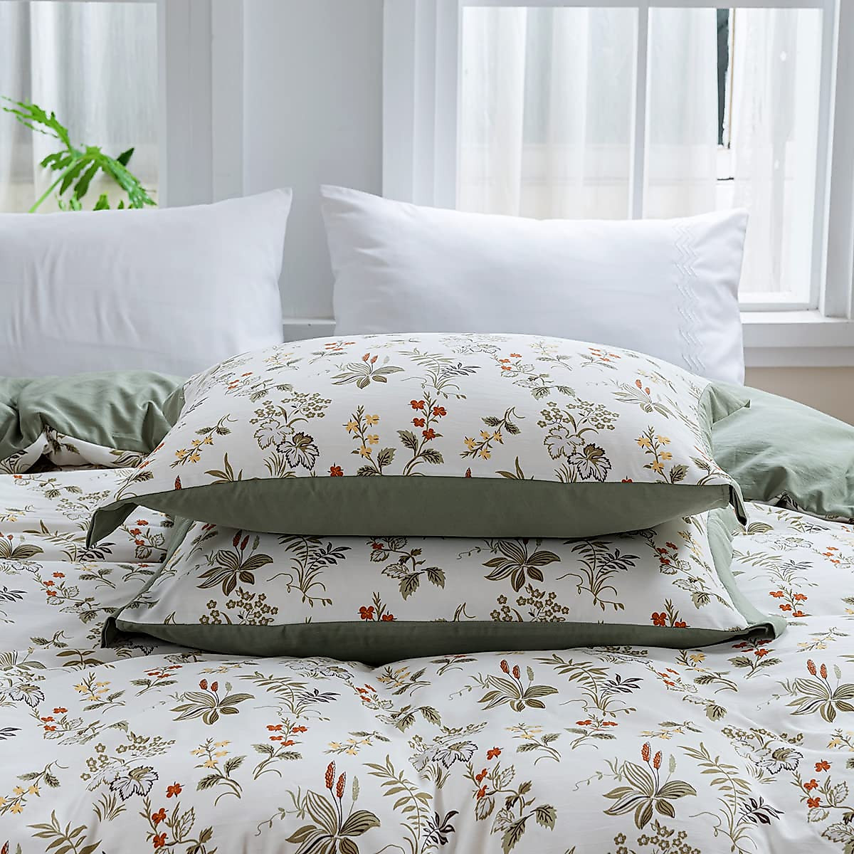 Floral Duvet Cover Queen Size - White Yellow Flowers and Green Leaf Spring Botanical Printed Microfiber Comforter Cover Set - 3PC 90X90 Soft and Lightweight Quilt Cover, Farmhouse Style for Women Men