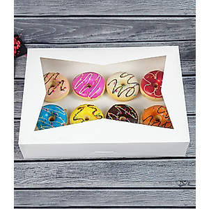 SOROO 15-PACK White Pastry Bakery Box 16x11x2.75inch,Large Donuts,Muffins,Cookies Boxes with PVC Window Auto-Pop up Paper Box Nature Cardboard Take Out Container,Hold 12 Donuts,Pack of 15