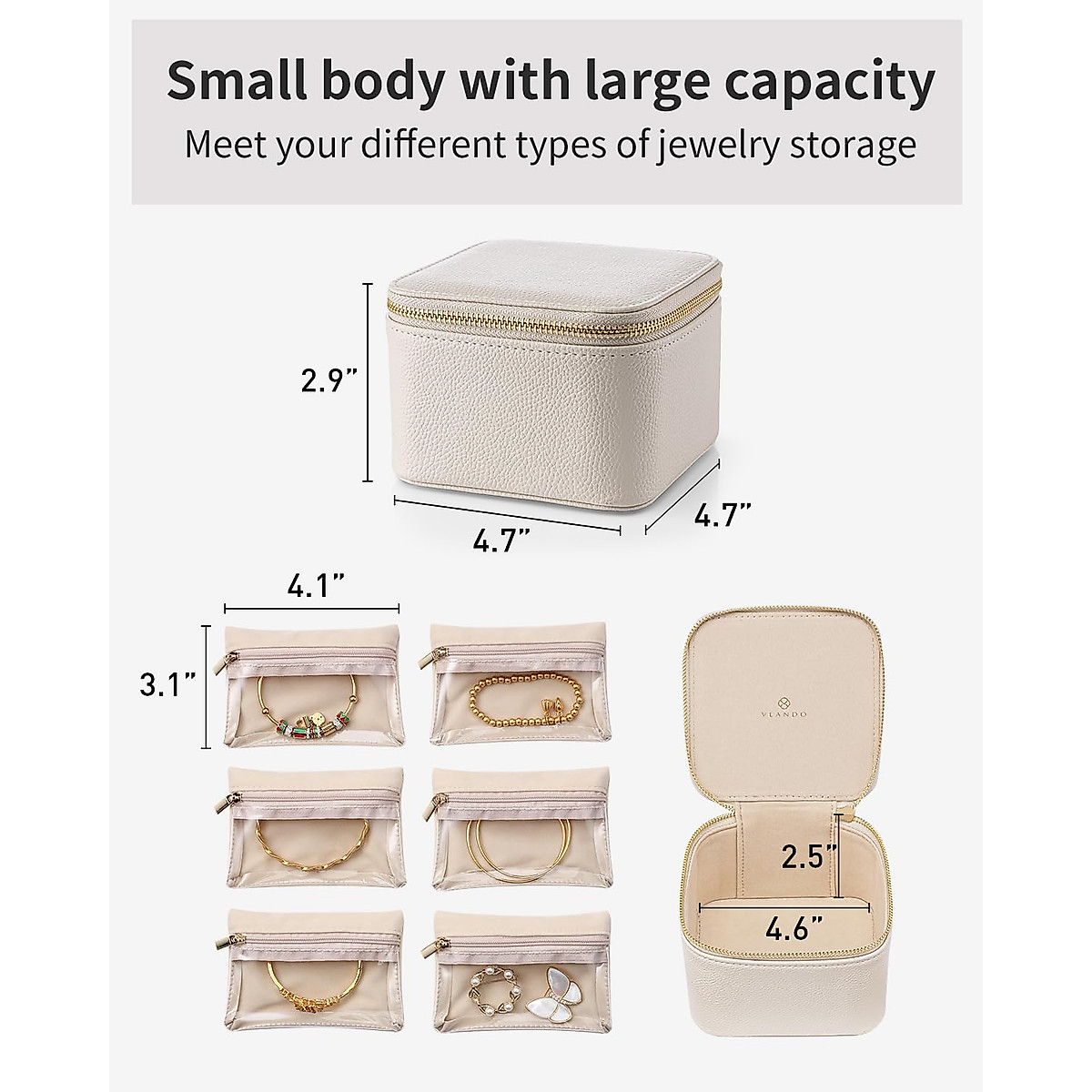 Vlando Small Jewelry Box Organizer,Travel Jewelry Storage with 6 Velvet Jewelry Zipper Pockets,Travel Jewelry Case Christmas Gifts Birthday Gifts for Women Girls (White)