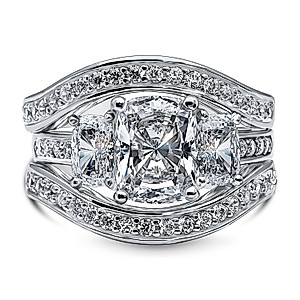 BERRICLE Sterling Silver 3-Stone Wedding Engagement Rings Cushion Cut Cubic Zirconia CZ Ring Set for Women, Rhodium Plated Size 7
