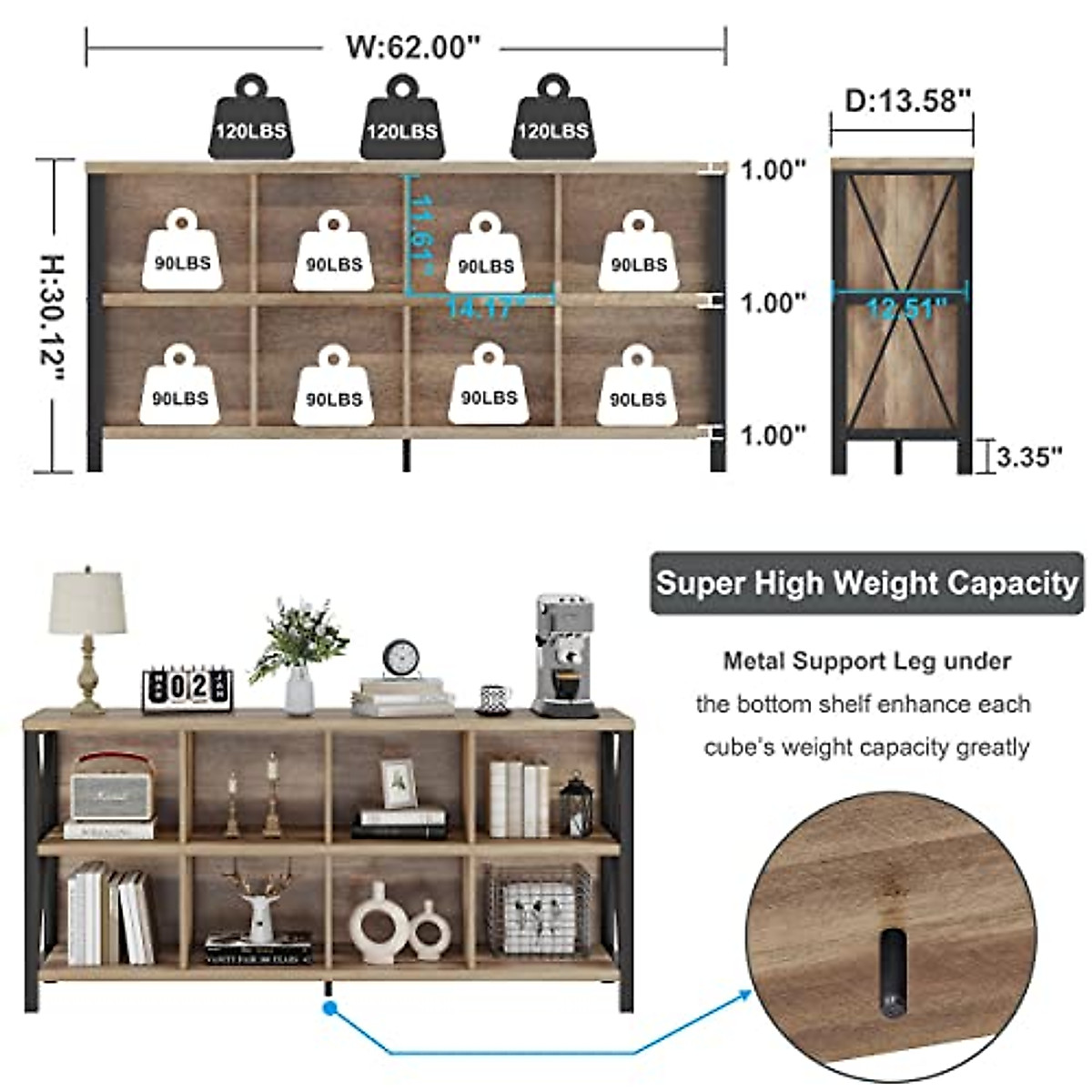FATORRI 8 Cube Storage Organizer Bookshelf, Rustic Wood Cubby Bookcase, Industrial Horizontal Long Shelf for Living Room (Rustic Oak, 62 Inch)