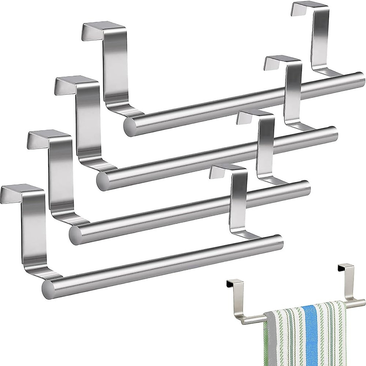 IBEQUEM 4Pcs Towel Rack for Cabinet, Stainless Steel Over Cabinet Towel Rack, Adjustable Kitchen Towel Holder, Towel Bar Holder for Universal Fit on Kitchen Bathroom Over Cabinet Cupboard (Silver)