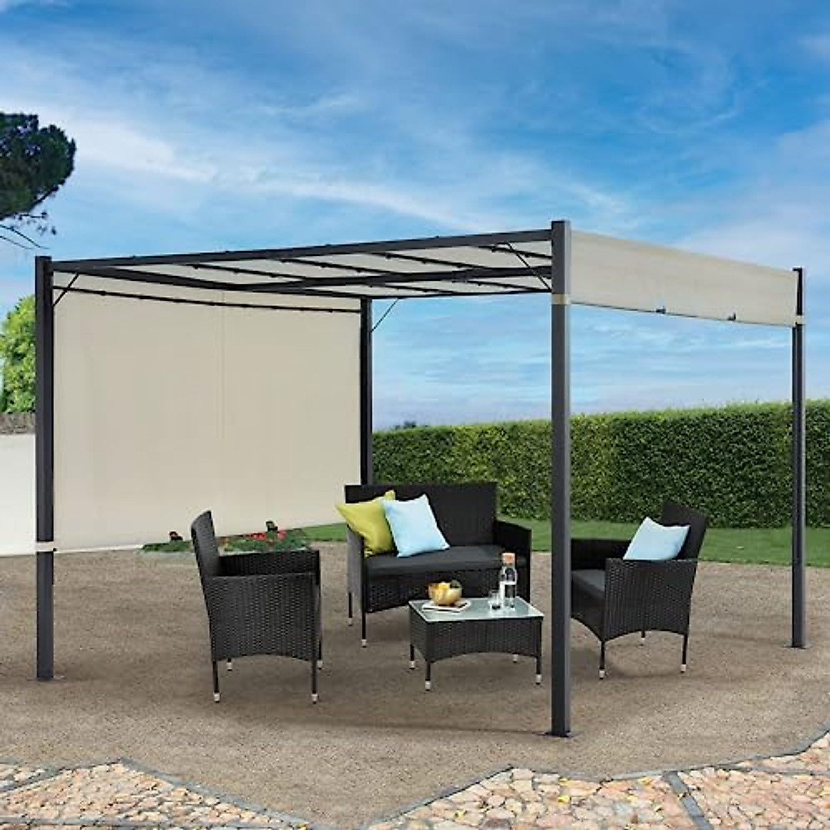 10 x 10 ft Pergola, Outdoor Pergola with Retractable Sun Shade Canopy and 60 Solar String Lights, Patio Metal Gazebo for BBQ, Party, Wedding, Patio, Backyard, Deck, Garden Beige