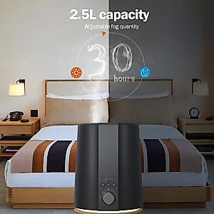 Air Humidifiers for Home, 2.5L Small Cool Mist Humidifiers for 30H Humidifying, Mini Quiet Ultrasonic Air Humidifiers for Baby, Plants, Bed Room, Night Light, Easy to Clean, 4 Timing, Auto Shut-Off Humidifiers (Black)