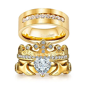 Wedding Ring Set Couples Rings Crown Claddagh ring Yellow Gold Plated Heart White Cz Titanium band