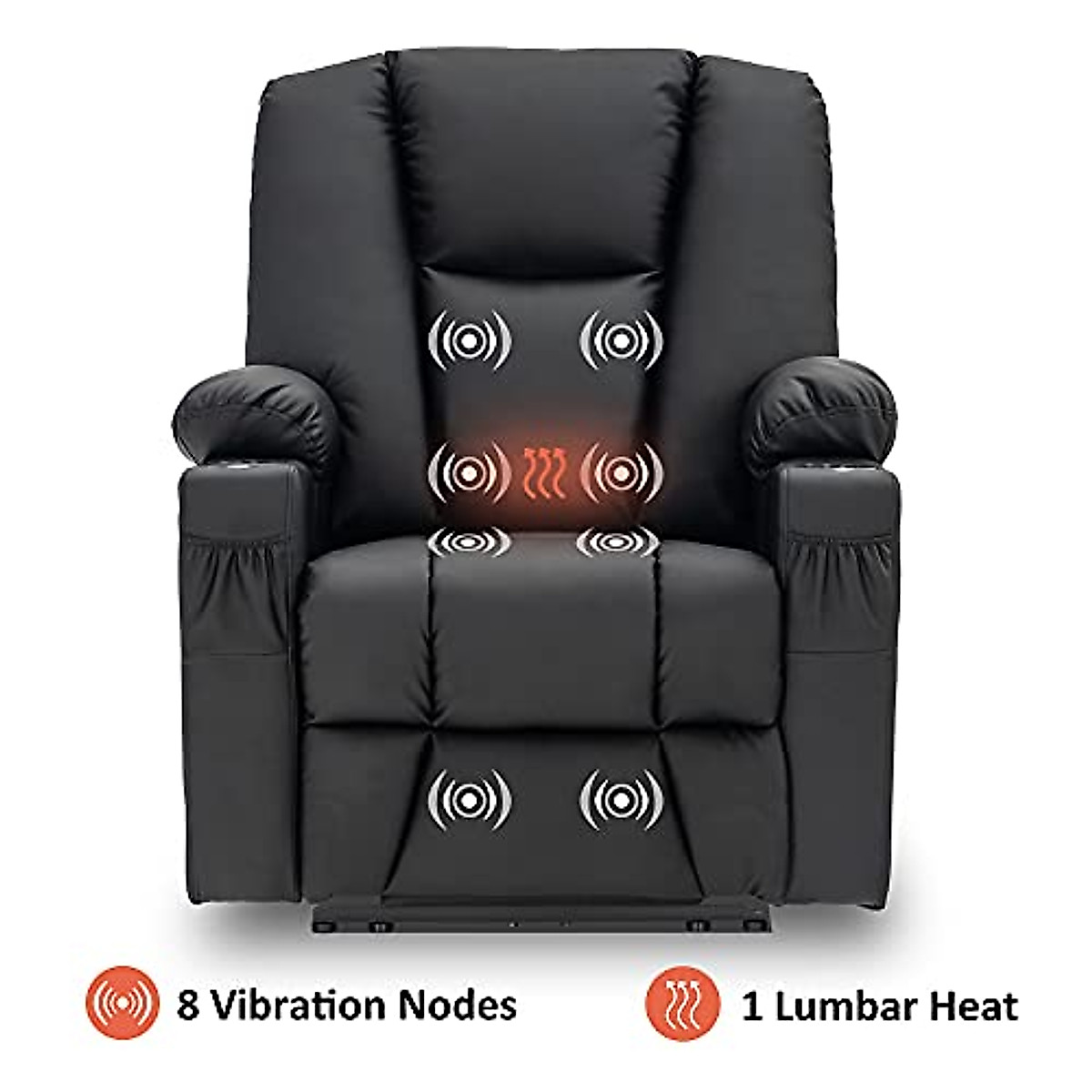 MCombo Electric Power Recliner Chair with Vibration and Heat, Extended Footrest, USB Ports, 2 Side Pockets, Cup Holders, Faux Leather 8015 (Not Lift Chair) (Black)