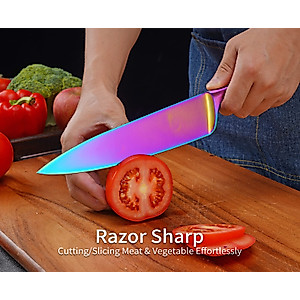 Hollory Rainbow Kitchen Knife Set 3 Piece, Razor Sharp German Stainless Steel Blade with 8 in Chef, 5 in Utility, 3.5 in Paring – Starter Set with Gift Box