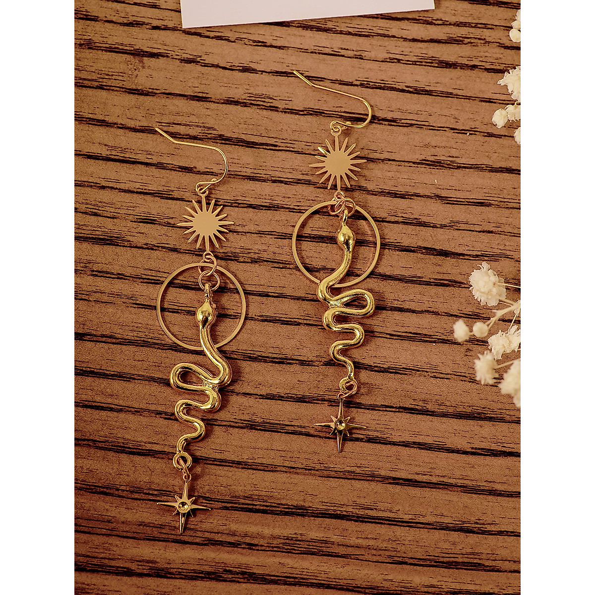 Sacina Gothic Sun Star Snake Earrings, Gold-Plated- Brass Snake Sun Star Pendant, Celestial Earrings, Goth Halloween Christmas New Year Jewelry Gift for Women